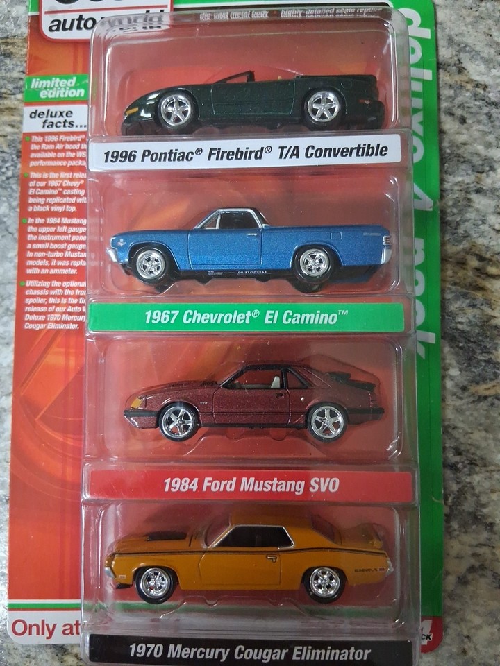 Auto World Ultra Red Chase Target 4 Pack Firebird, El Camino, Mustang ...