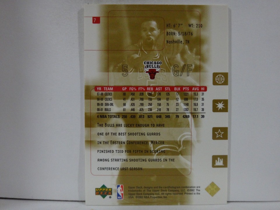 2001-02 Ultimate Collection Chicago Bulls Basketball Card #7 Ron Mercer ...