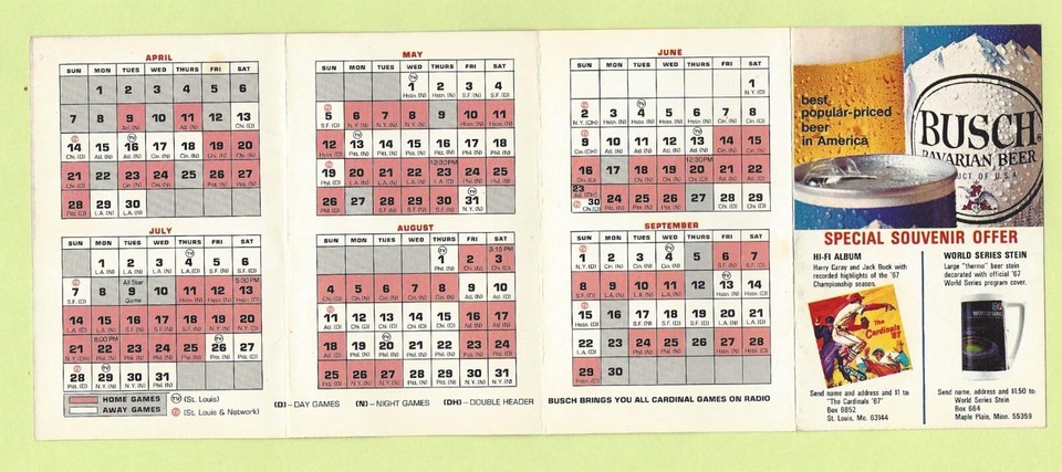 SUPERB 1968 St. Louis Cardinals World Champions Pocket Schedule Brock ...