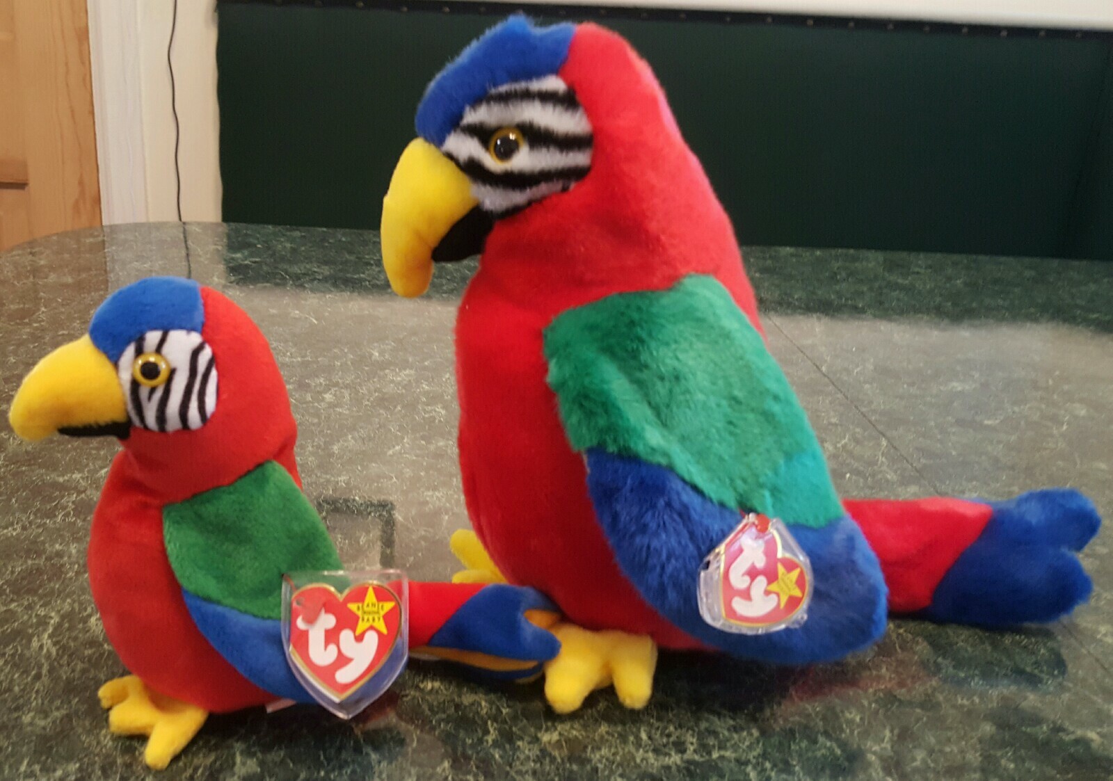 Ty Beanie Babies Parrots "Jabber" 1 large 1 small both mint condition ...