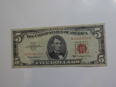 5 Dollar Bill Currency Note 1963 Paper Money Red Seal United States USA ...