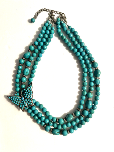 FAB! Faux Turquoise Beads w/ Beaded Butterfly Silver Tone Multi-strand ...