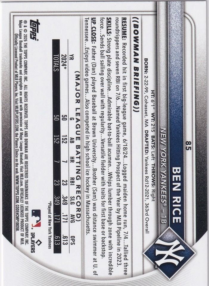 2025 Bowman #85 Ben Rice New York Yankees Rookie RC | eBay