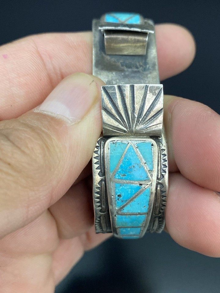 Fred Weekoty Native American Sterling Zuni Turquoise Inlay Watch Cuff ...