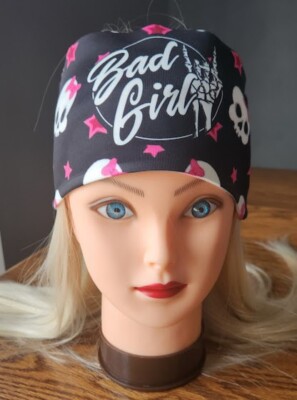 Yoga Style Headband Bad Girl with Skulls and Pink Stars Women's Wide ...