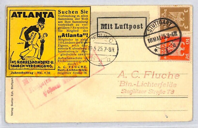 GERMANY 1925 Air Mail Stuttgart Berlin Leipzig PPC Card *ATLANTA ...