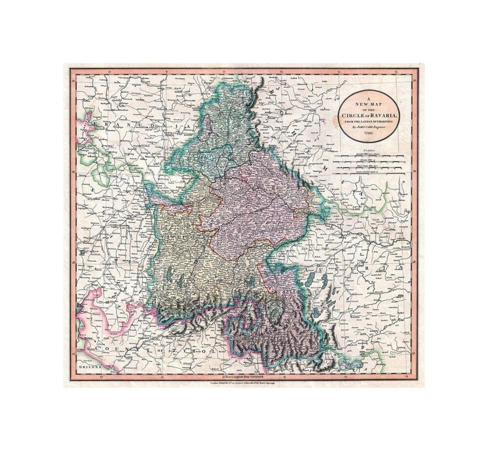 John Cary's 1799 map of the Circle of Bavaria, Germany. Covers the ...