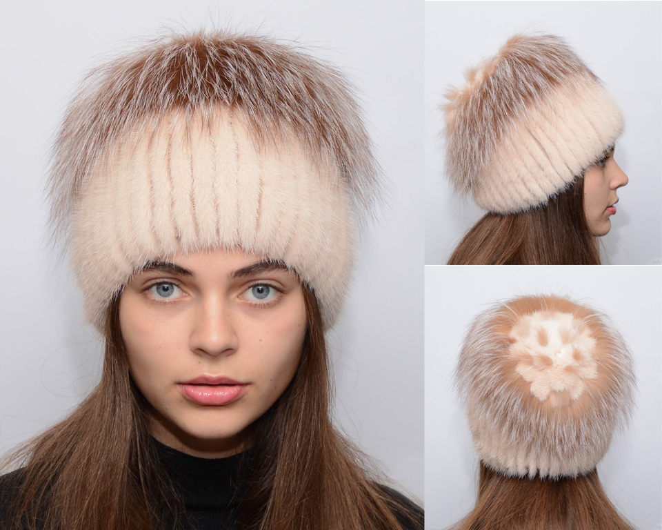 Womens Real Mink Fur Hat with Silver Fox Knit Winter Fur Hat Luxury ...