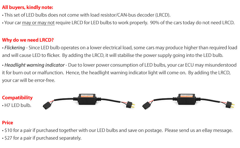 H7 Car LED Load Resistor CAN Bus CANBus Decoder Error Free Bulb Light ...