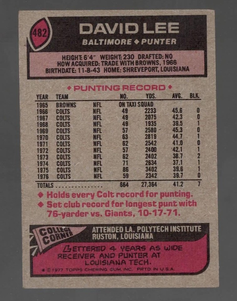 1977 Topps David Lee Baltimore Colts #482 Excellent | eBay