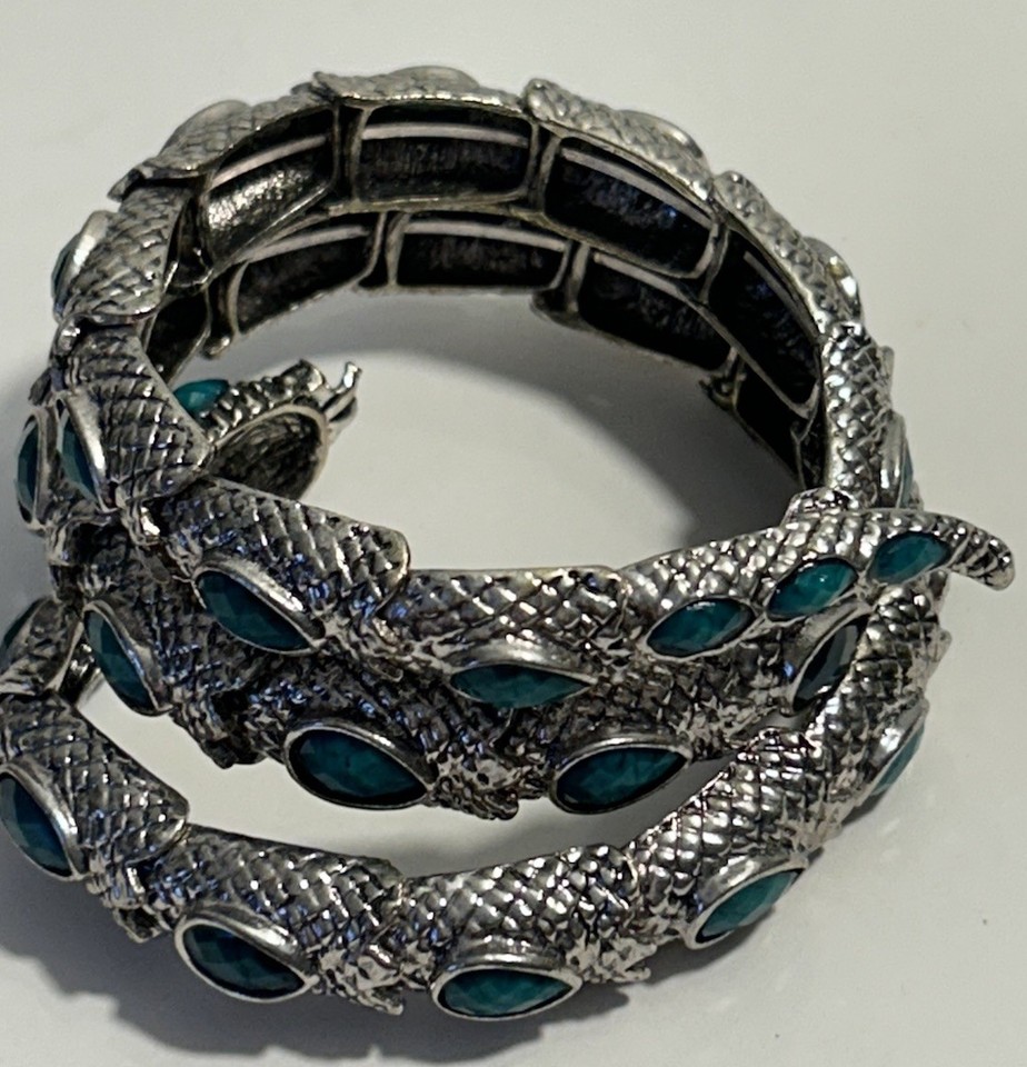 Snake Shaped Silver Tone Round Bracelets W/tuquse Stones Stretchable | eBay
