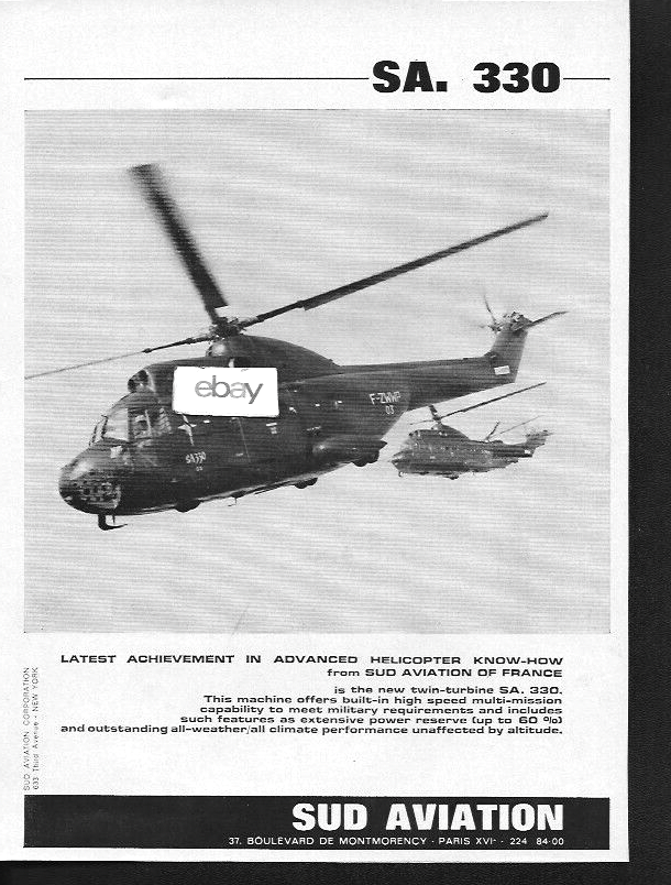SUD AVIATION SA 330 PUMA HELICOPTER FOR THE WORLDS MILITARY 1966 AD | eBay
