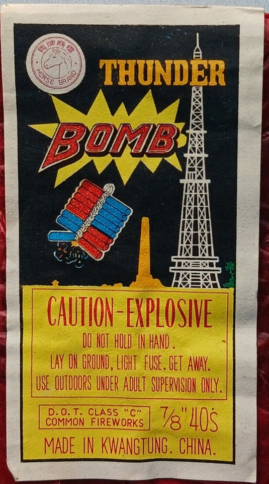 VINTAGE "THUNDER BOMB HORSE BRAND" 7/8" 40's FIRECRACKER LABEL IN VG ...