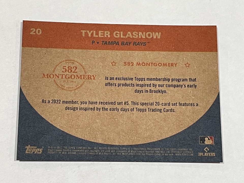 2022 Topps 582 Montgomery Club Baseball #20 - Tyler Glasnow - Tampa Bay ...