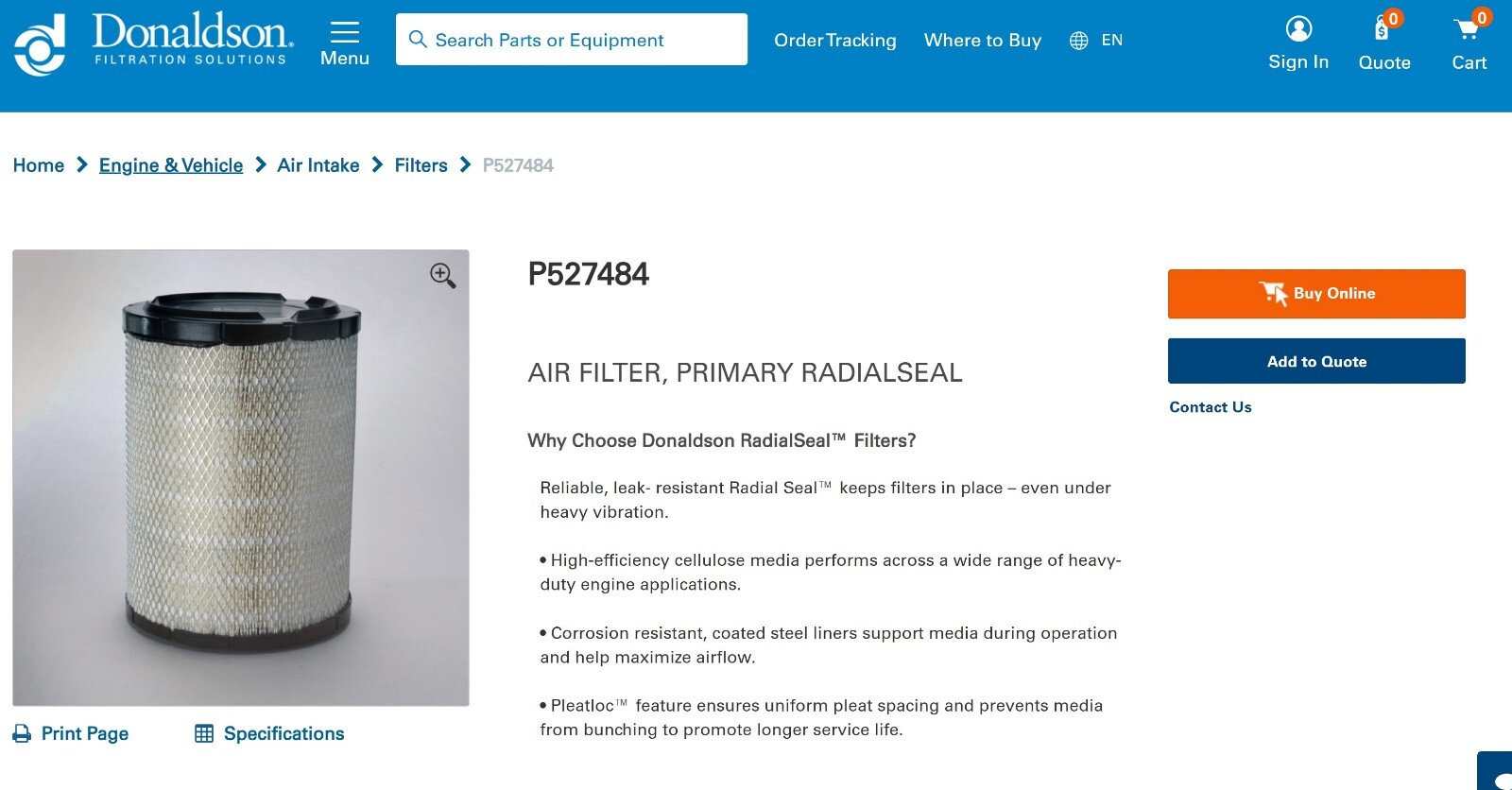 DONALDSON P527484 - Air filter cross reference