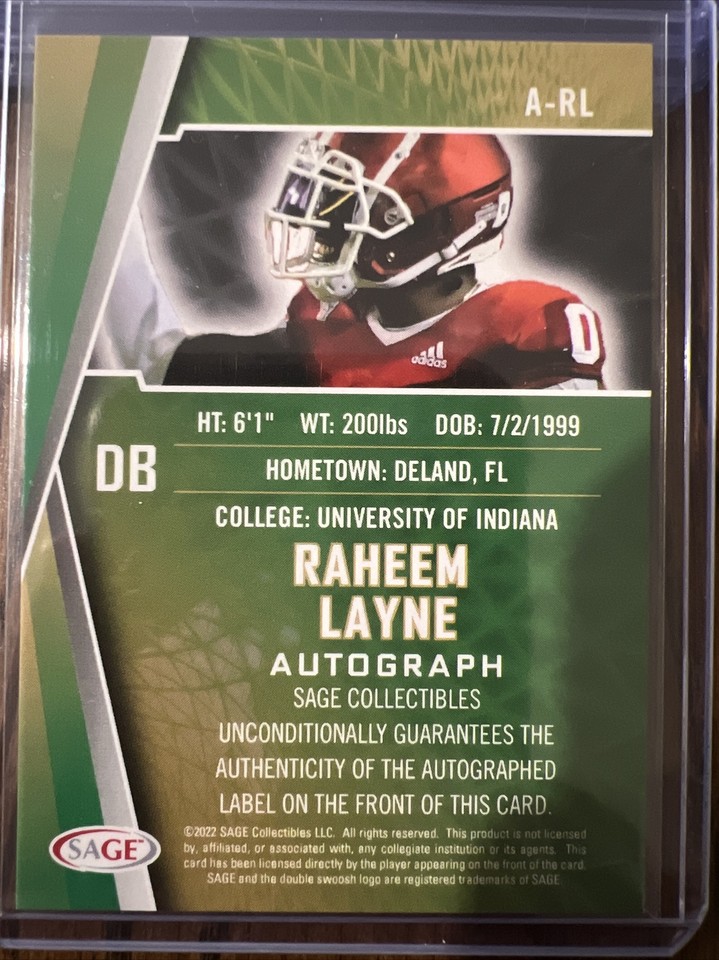 Raheem Layne 2022 Sage Auto Unvisersity of Indiana #A-RL | eBay