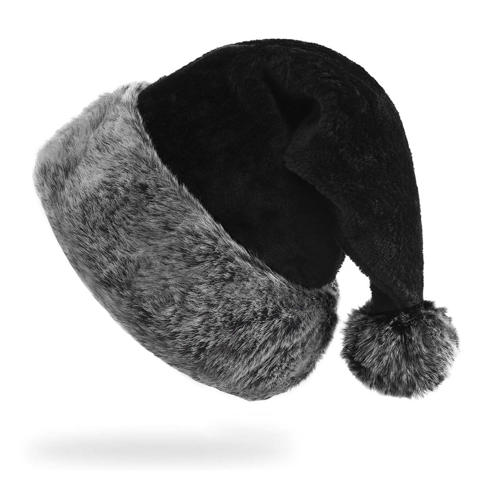 Black Christmas Hats for Adults Plush Black Santa Hat Xmas Fluffy Santa ...