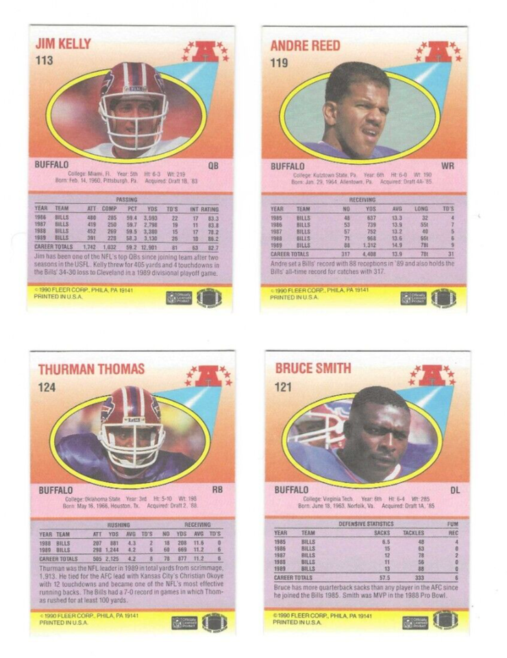 1990 FLEER KELLY SMITH THOMAS REED BUFFALO BILLS LOT OF 4 NRM-MINT VERY ...