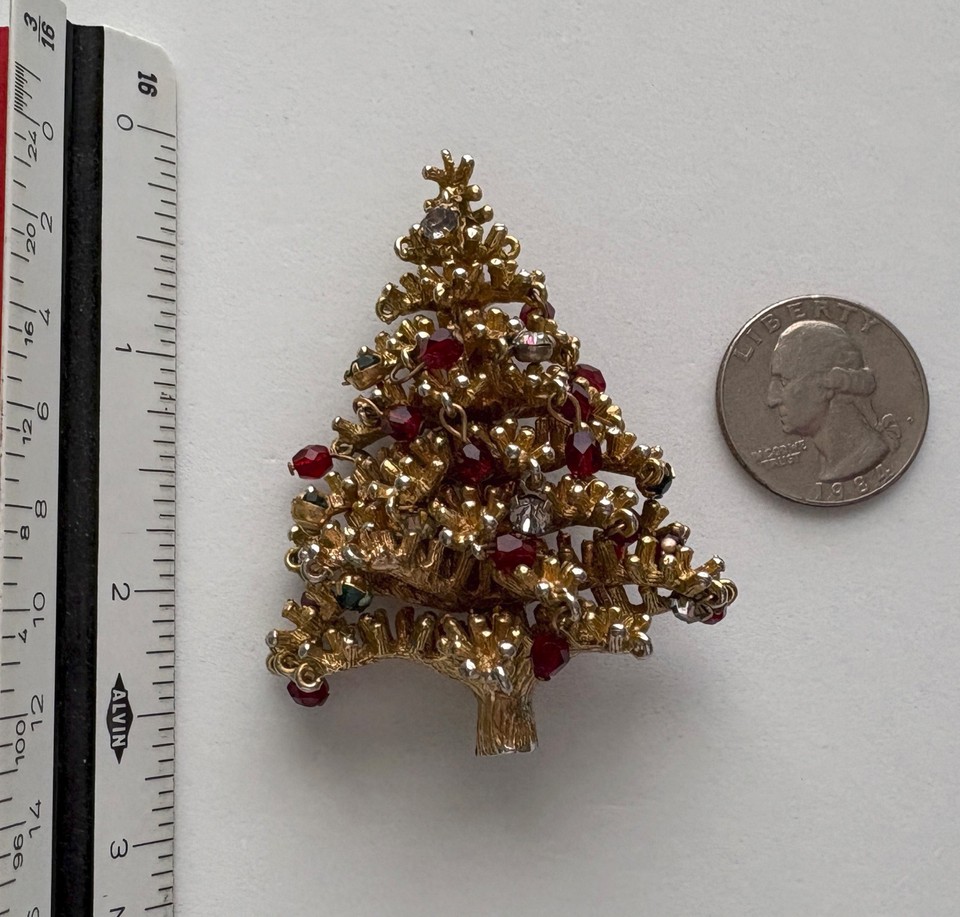 VINTAGE CHRISTMAS TREE PIN BROOCH SCHRAGER RHINESTONE DANGLES RED BEADS ...