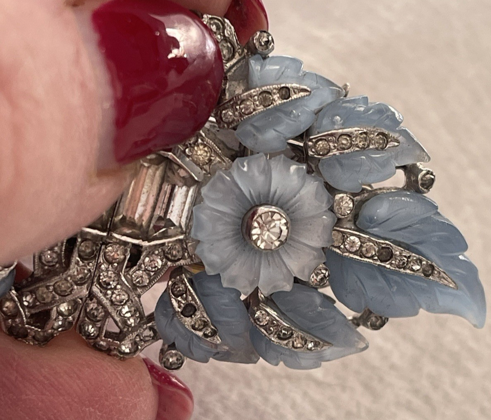 VINTAGE JOMAZ DUETTE ART DECO SIGNED BLUE PASTE FLORAL BROOCH DRESS FUR ...