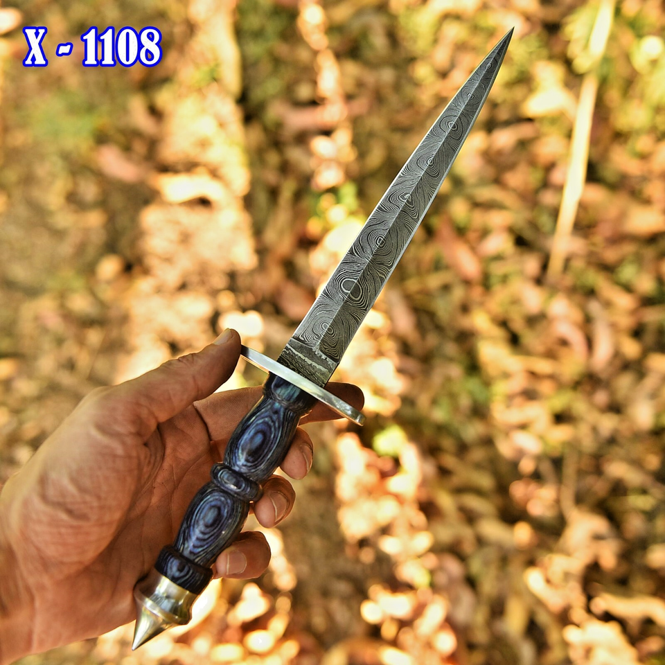 V-42 FSSF Stiletto Damascus Dagger Knife Spike Fix Blade Dual Edge ...