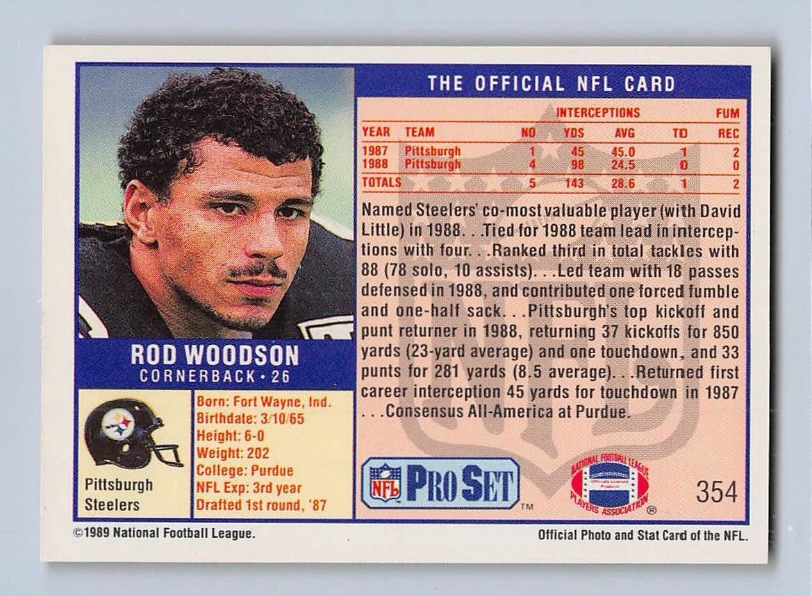 ROD WOODSON 1989 PRO SET Football Rookie Card # 354 - PITTSBURGH ...