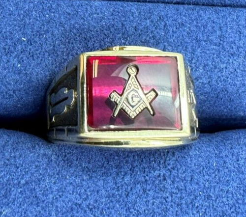 Master Mason Masonic Ring 10K Yellow gold with synthetic ruby | eBay