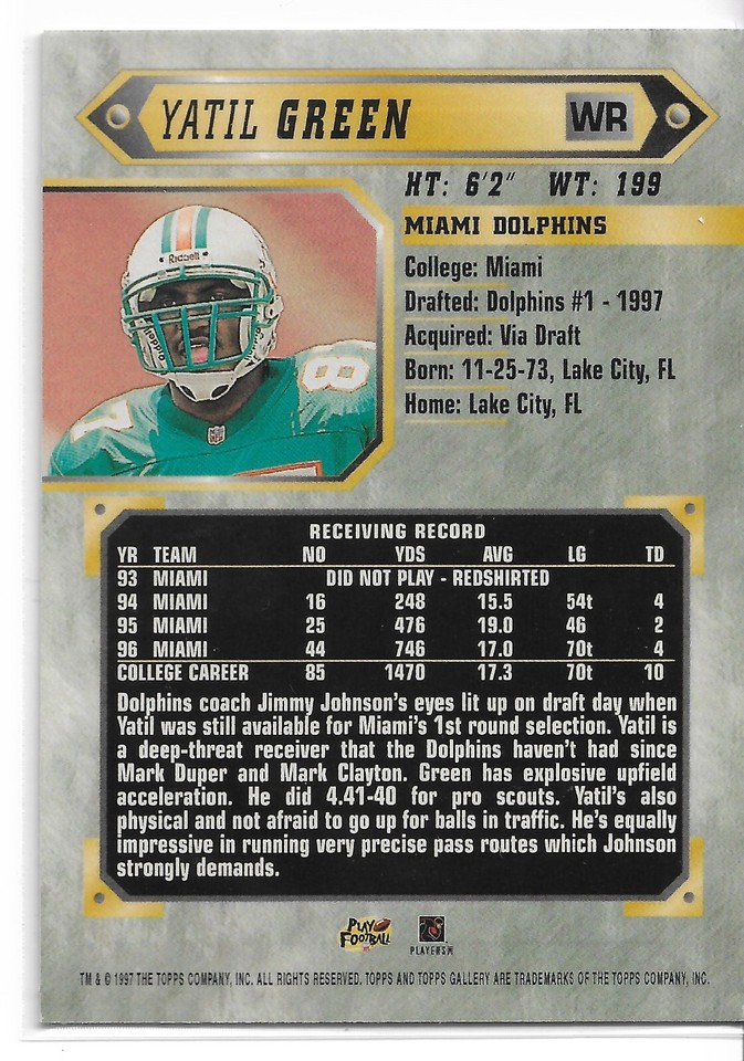 1997 TOPPS GALLERY YATIL GREEN #13 Rookie RC Miami Dolphins | eBay