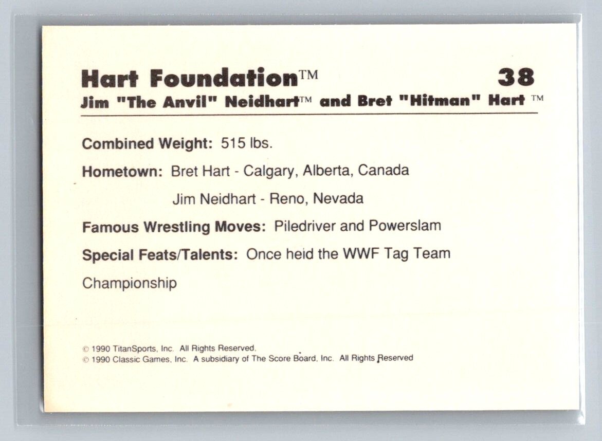 Hart Foundation Jim The Anvil Neidhart Bret Hart 1990 Classic WWF WCW ...