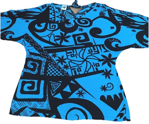 Missing Polynesia Blue & Black Tribal Designed Keyhole Sleeve Blouse ...