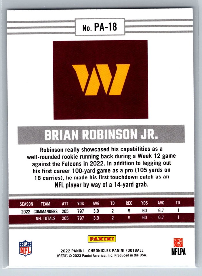 2022 Panini Chronicles Panini Brian Robinson Jr. Rookie Commanders RC # ...