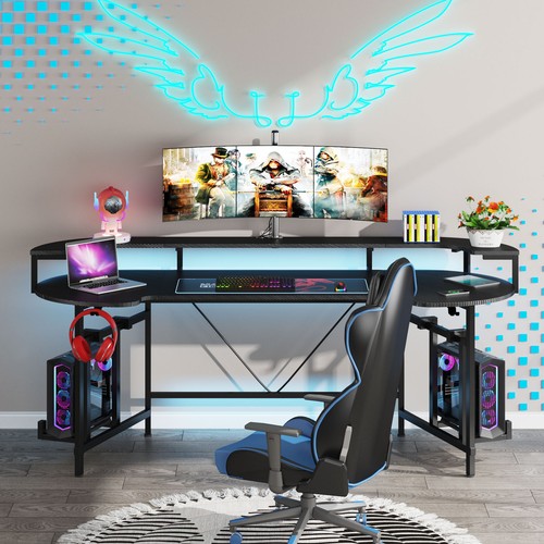 Black Wood Gaming Desk with Led Strip, Computer Desk Workstation ...
