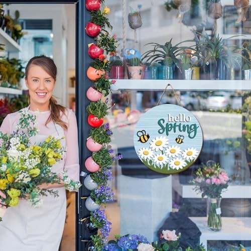 Hello Spring Wooden Hanging Sign Daisy Flower Bee Front Door Sign ...