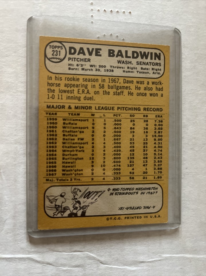 1968 Dave Baldwin Washington Senators Topps Baseball Card #231 | eBay