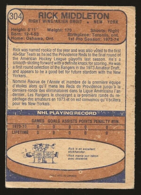 1974-75 O-PEE-CHEE Rick Middleton Autographed Rookie Card #304 W/ 5 40 ...
