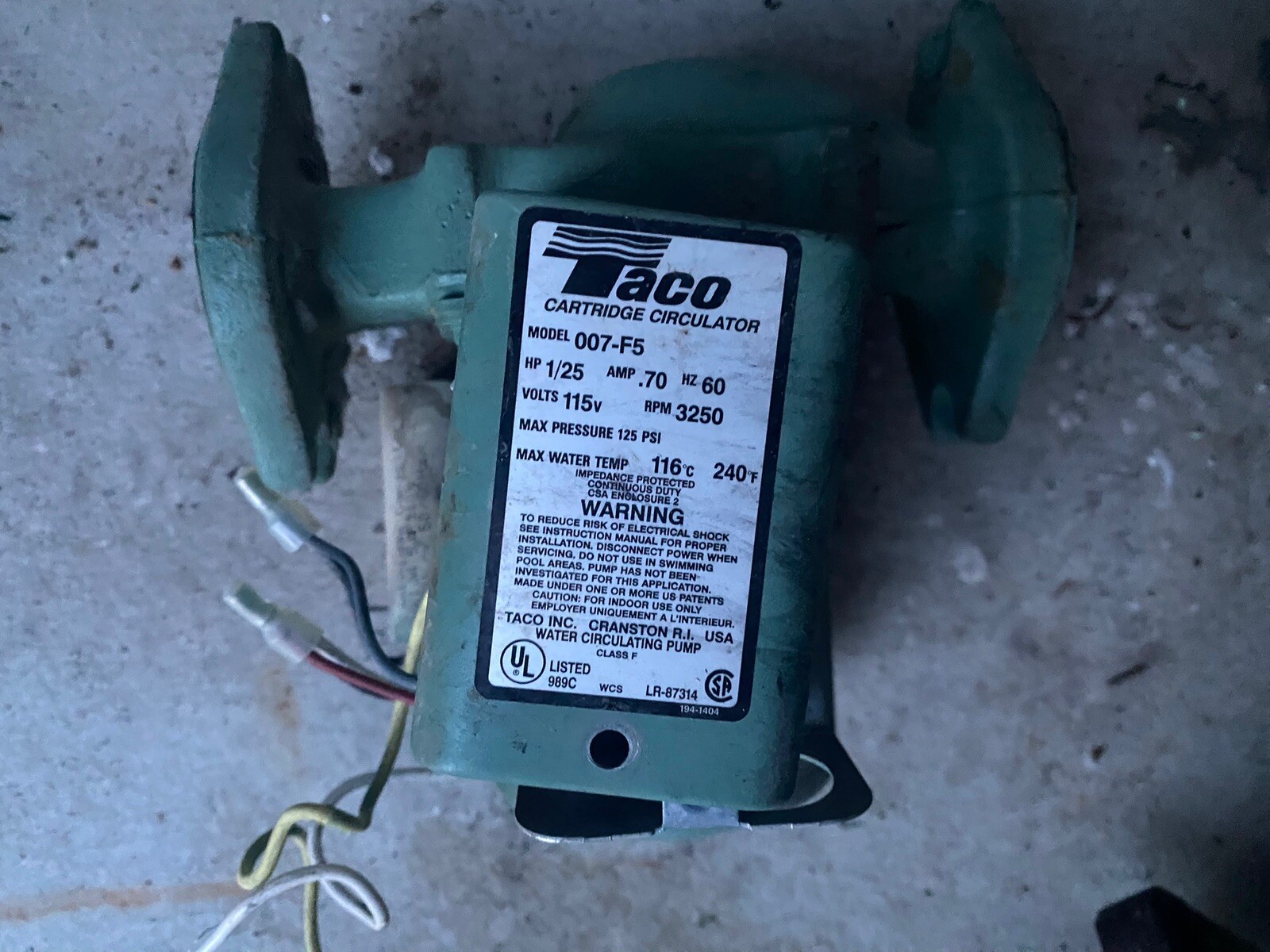 TACO 007-F5 Cartridge Circulator 1/25HP .70Amp 60HZ 115Volts 3250RPM | eBay