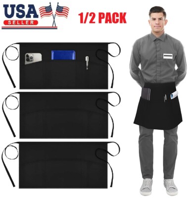 2× Half Bib Waist Apron 3 Pocket Waitress Waiter Server Workwear Apron ...