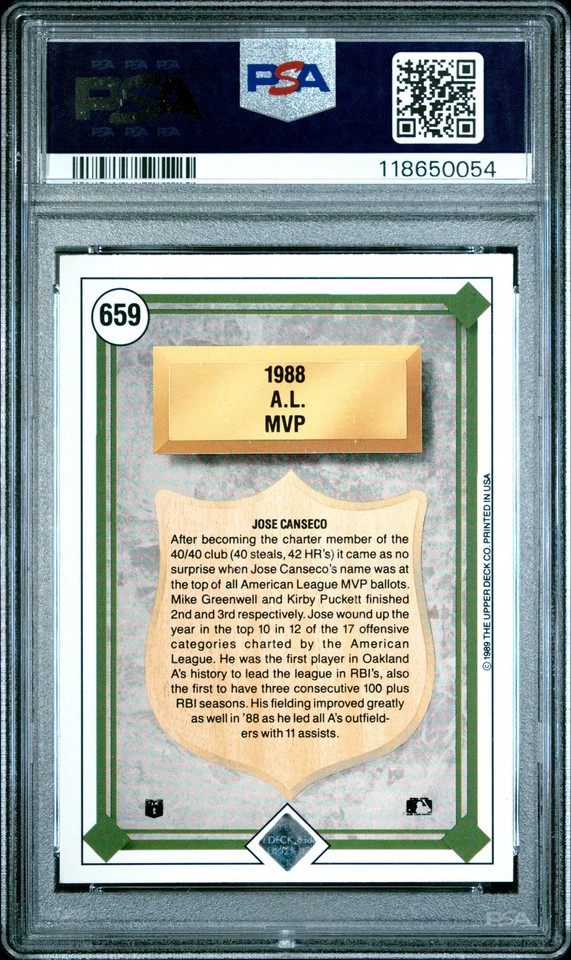 1989 UPPER DECK BLACK EAGLE LOGO #659 JOSE CANSECO PSA 9 | eBay