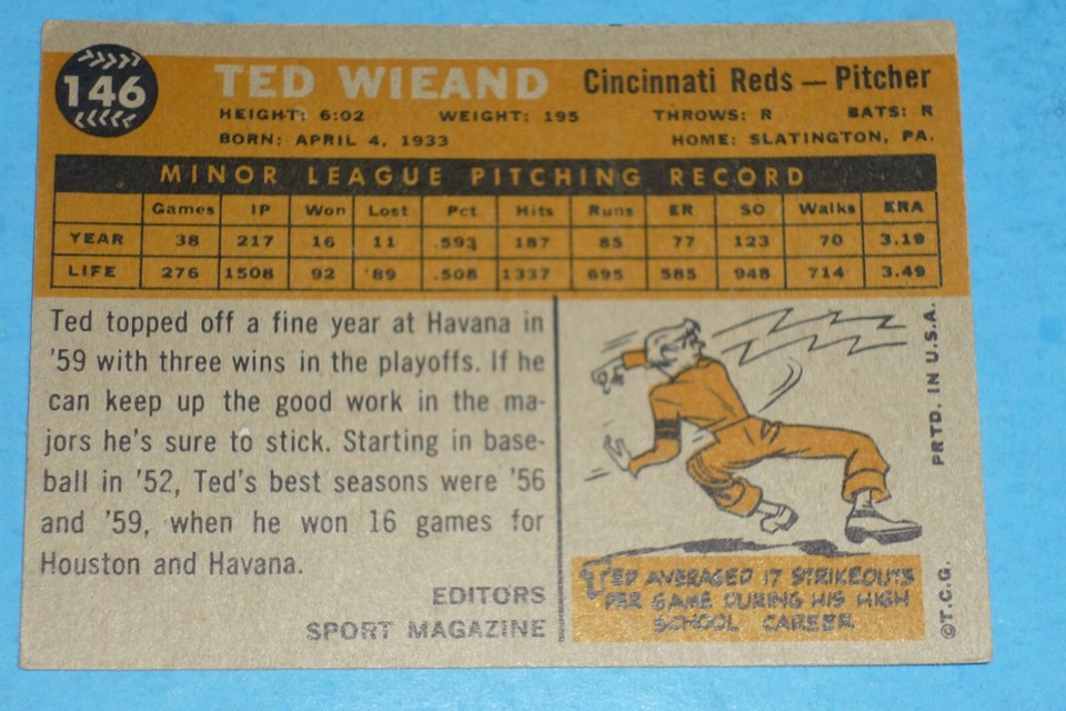 TED WIEAND-ROOKIE STAR-CINCINNATI REDS PITCHER-1960 TOPPS BASEBALL CARD ...