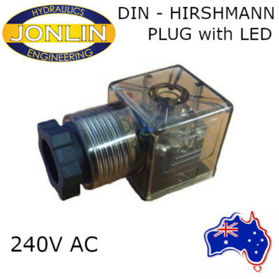 240V AC Hirshmann DIN Solenoid Connector Plug - 3 Pin with LED (ISO ...