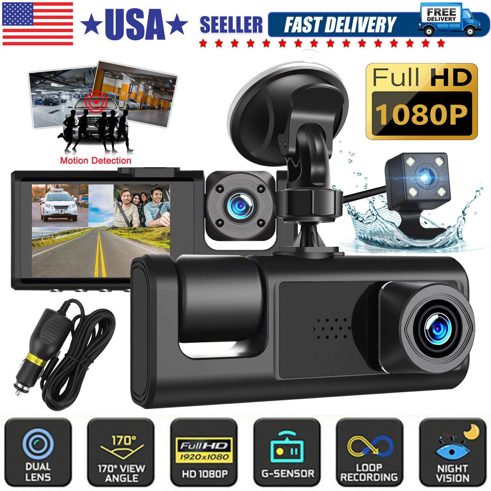 HD 1080P Car Dual Lens Dash Cam Front/Rear/Inside Video Recorder Camera ...