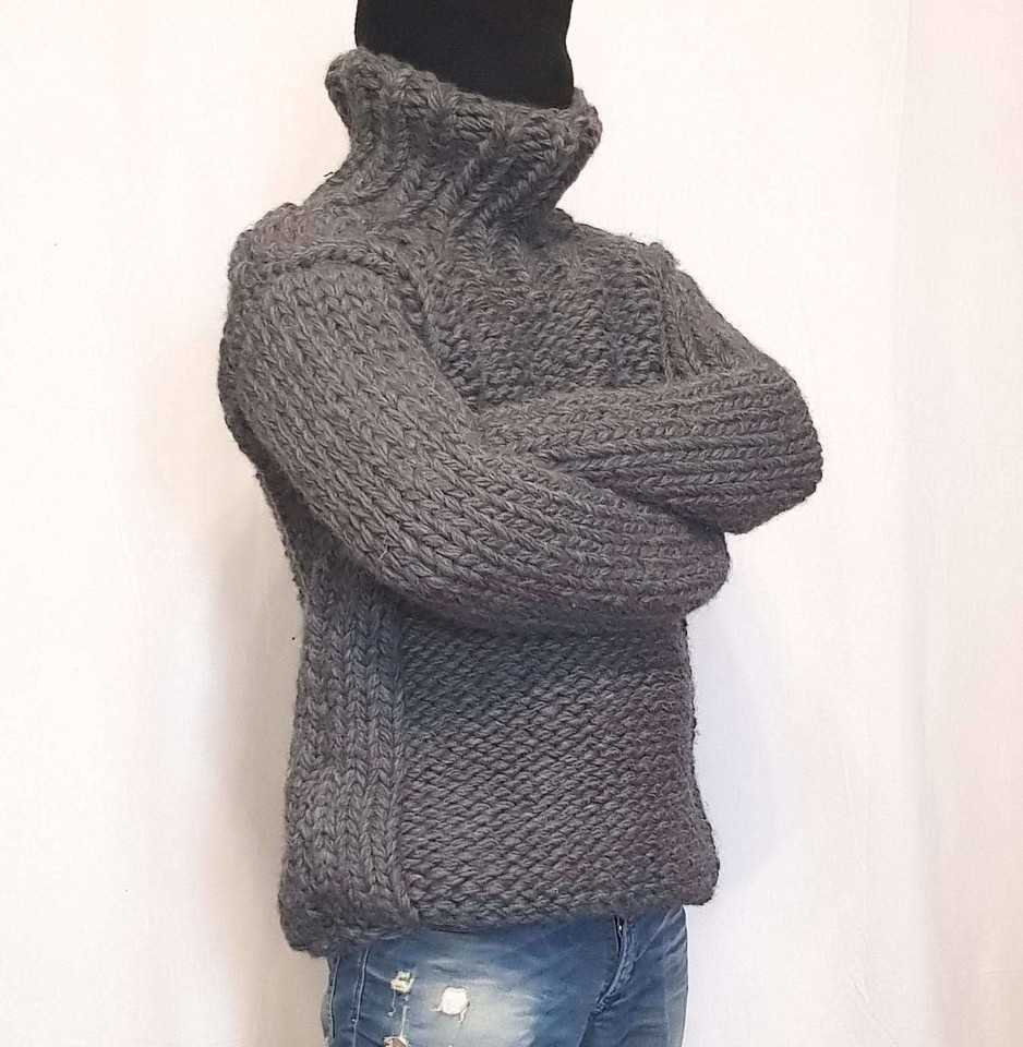Hand knitted VERY THICK 100% WOOL mens woolen sweater with turtleneck ...