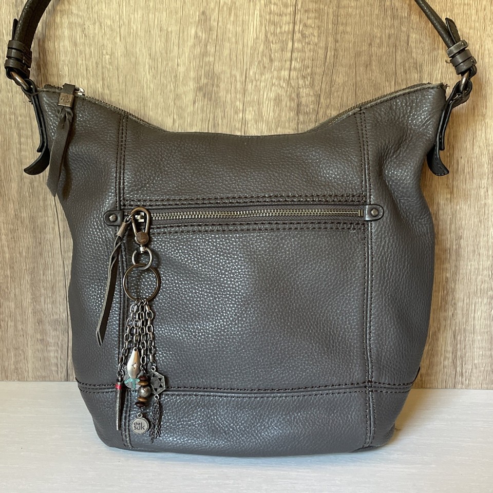 The Sak Sequoia Gray Pebbled Leather Boho Shoulder Bag Purse w/Sak ...