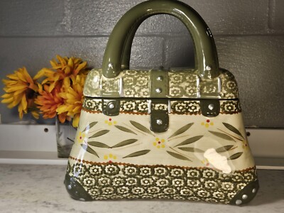 TempTations Old World Olive Green Purse shaped Jar with handle Lid Made ...