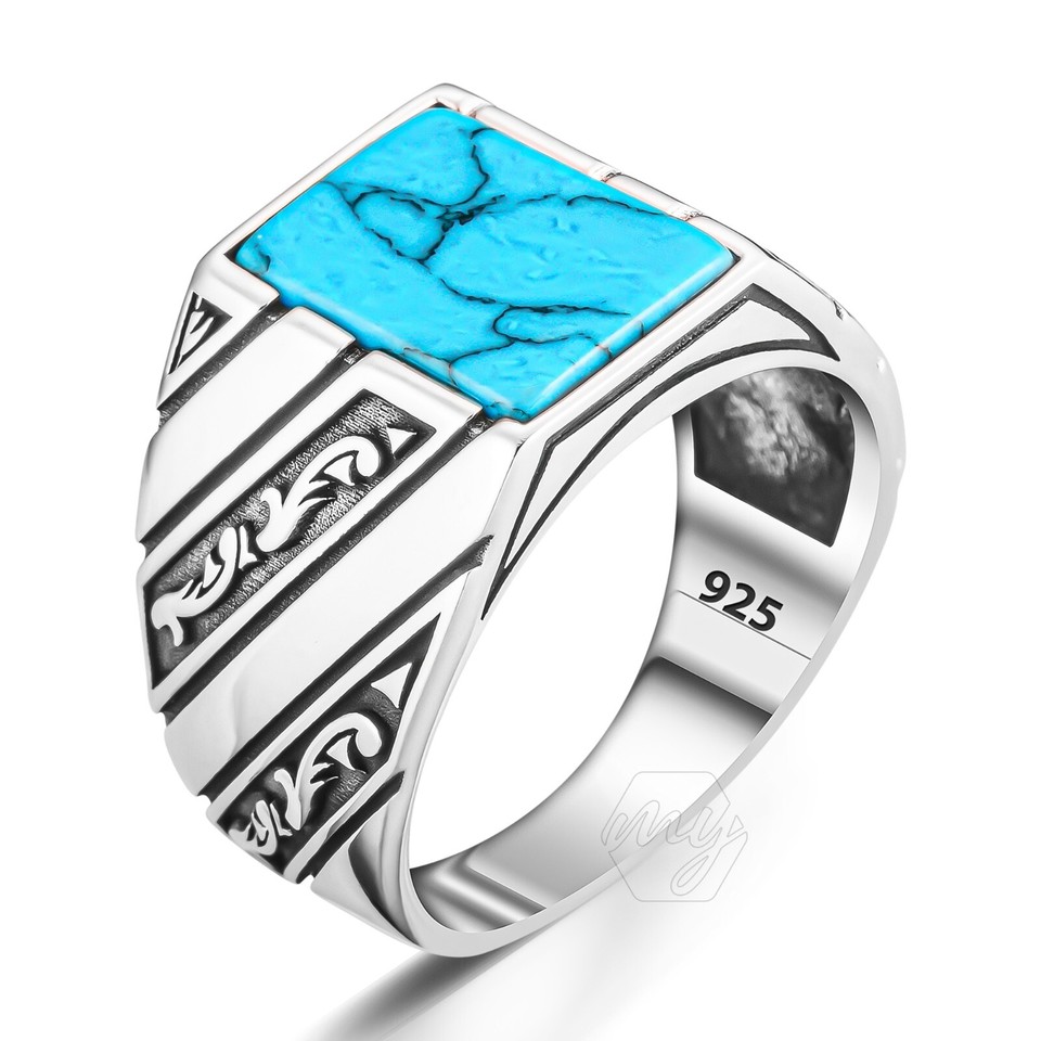 925 Sterling Silver Rectangle Flat Turquoise Stone Turkish Men's Ring ...