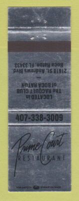Matchbook Cover - Prime Court Restaurant Boca Raton FL | eBay