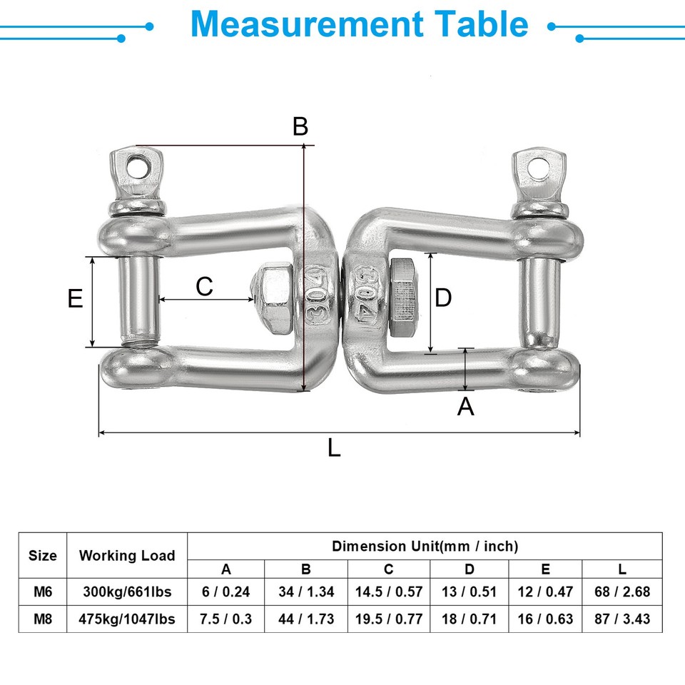 2Pcs Double Shackle Swivel Hook M6 Working Load 300kg/66lbs, for ...