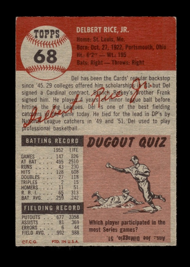 1953 Topps Set-Break # 68 Del Rice EX-EXMINT *GMCARDS* | eBay