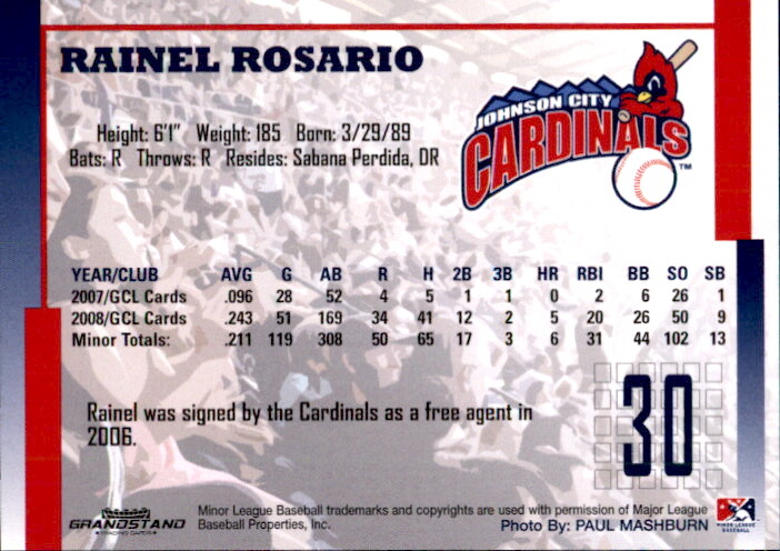 2009 Johnson City Cardinals Grandstand #24 Rainel Rosario Dominican ...