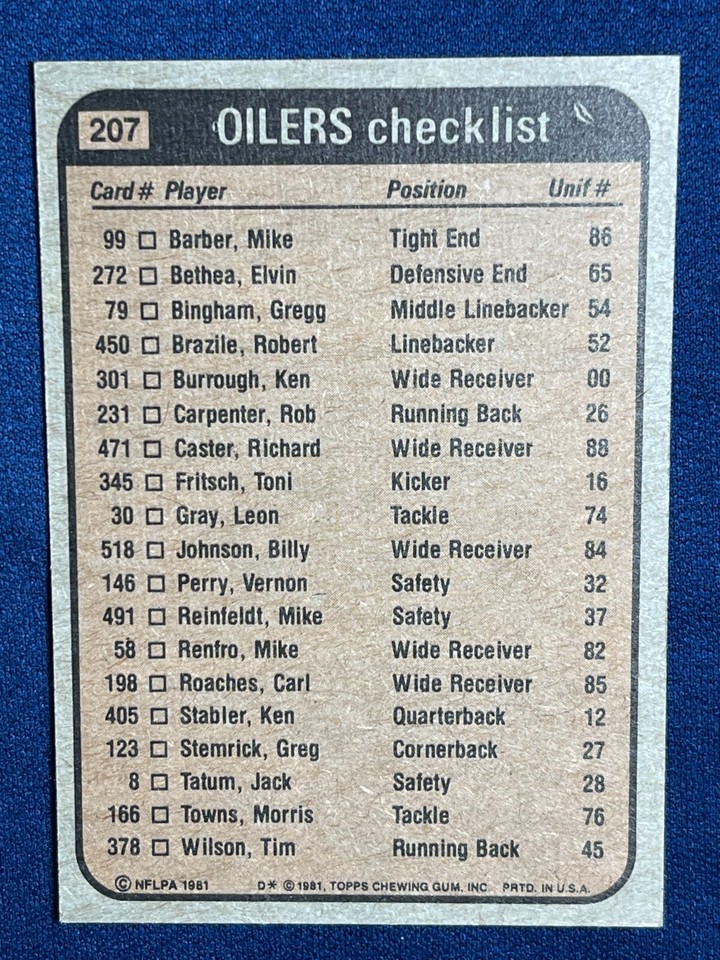 1981 TOPPS #207 1980 HOUSTON OILER TEAM LEADERS / TEAM CHECKLIST CLEAN ...